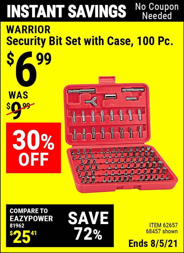 WARRIOR Security Bit Set with Case 100 Pc. for $6.99 – Harbor Freight ...