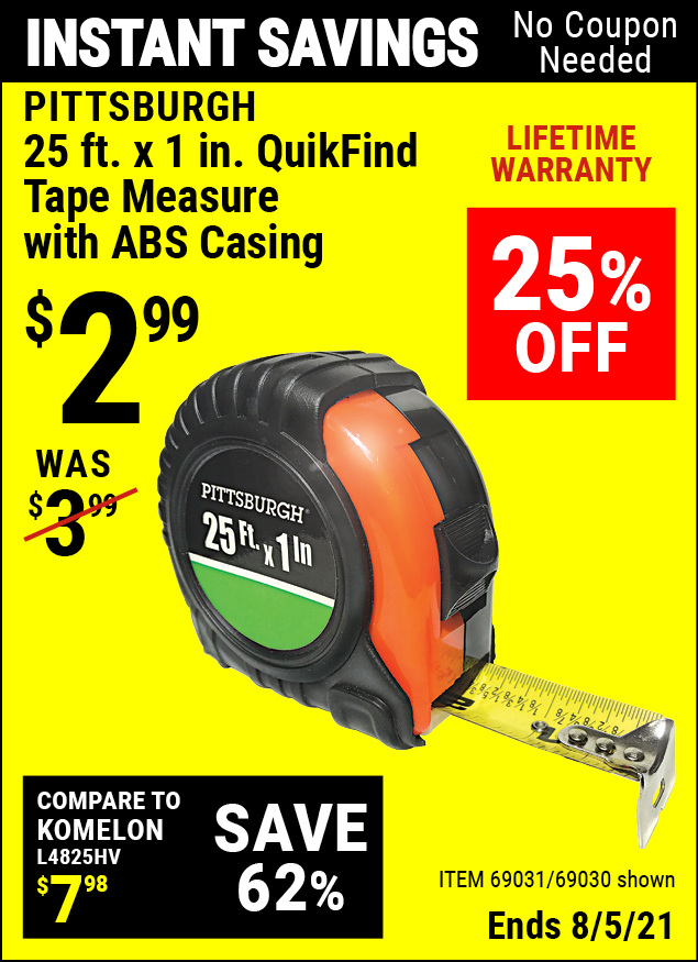 PITTSBURGH 25 Ft X 1 In QuikFind Tape Measure With ABS Casing Item PITTSBURGH 25 Ft X 1 In QuikFind Tape Measure With ABS Casing Item
