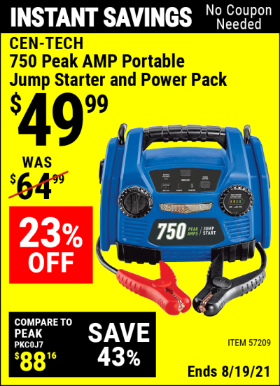 CEN-TECH 750 Peak Amp Jump Starter And 12v Power Pack USB LED Work ...