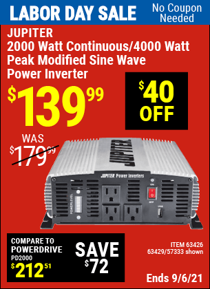 JUPITER 2000 Watt Continuous/4000 Watt Peak Modified Sine Wave Power Inverter for $139.99 ...
