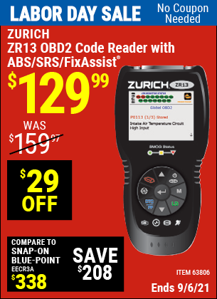 ZURICH ZR13 OBD2 Code Reader With ABS/SRS/FixAssist for $129.99 ...