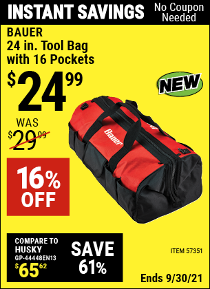 BAUER 24 in. Tool Bag with 16 Pockets for $24.99 – Harbor Freight Coupons