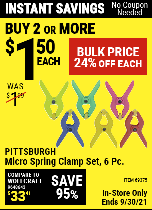 PITTSBURGH Micro Spring Clamp Set 6 Pc. for $1.5 each when you buy 2 or ...