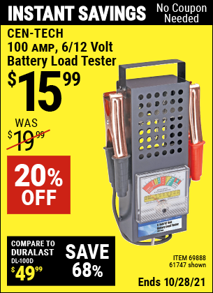 CEN-TECH 100 Amp 6/12V Battery Load Tester for $15.99 – Harbor Freight ...