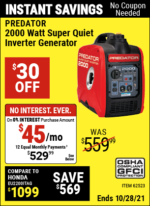 PREDATOR GENERATORS 2000 Watt Super Quiet Inverter Generator for $529. ...