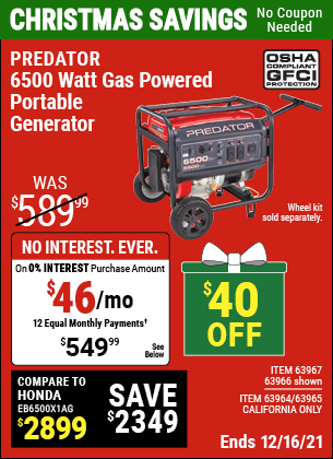 PREDATOR 6500 Watt Max Starting Gas Powered Generator for $549.99 ...