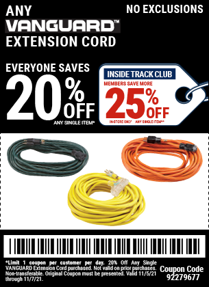 Coupon: 20% Off Vanguard Extension Cords thru 11/7 – Harbor Freight Coupons