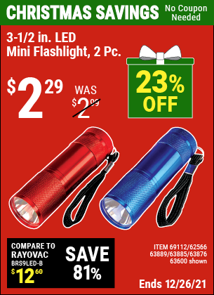 2 Piece 3-1/2 in. LED Mini Flashlight for $2.29 – Harbor Freight Coupons