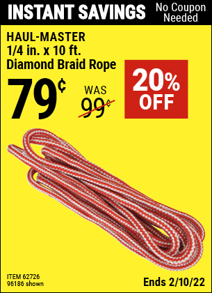 HAUL-MASTER 1/4 in. x 10 ft. Diamond Braid Rope for $0.79 – Harbor ...