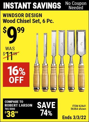 WINDSOR DESIGN Wood Chisel Set – 6 Pc. for $9.99 – Harbor Freight Coupons