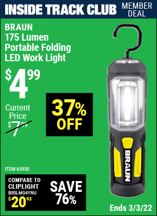 BRAUN Portable Folding LED Work Light for $4.99 – Harbor Freight Coupons