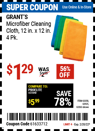 GRANT’S Microfiber Cleaning Cloth 12 in. x 12 in. 4 Pk. for $1.29 ...