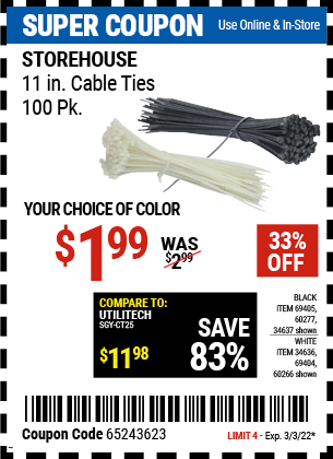 STOREHOUSE 11 in. Cable Ties 100 Pack for $1.99 – Harbor Freight Coupons