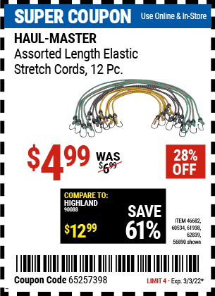 HAUL-MASTER Assorted Length Elastic Stretch Cords 12 Pc. for $4.99 ...