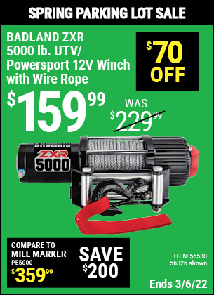 BADLAND 5000 Lb. UTV/Powersport 12V Winch for $159.99 – Harbor Freight Coupons