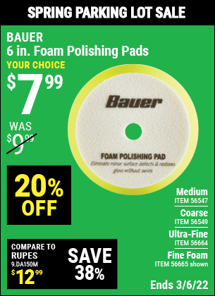 BAUER 6 in. Fine Foam Polishing Pad – Yellow for $7.99 – Harbor Freight ...