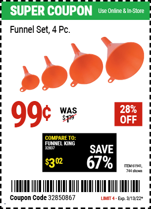 HFT Funnel Set 4 Pc. for $0.99 – Harbor Freight Coupons