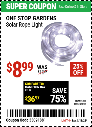 ONE STOP GARDENS Solar Rope Light for $8.99 – Harbor Freight Coupons