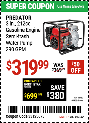 PREDATOR 3 in. 212cc Gasoline Engine Semi-Trash Water Pump for $319.99 ...