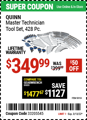QUINN Master Technician Tool Set – 428 Pc. for $349.99 – Harbor Freight ...