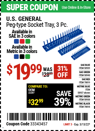 U.S. GENERAL Peg-Type Socket Tray 3 Pc. for $19.99 – Harbor Freight Coupons