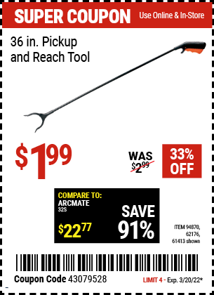 36 in. Pickup and Reach Tool for $1.99 – Harbor Freight Coupons