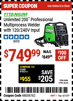 TITANIUM Unlimited 200 Professional Multiprocess Welder With 120/240 ...