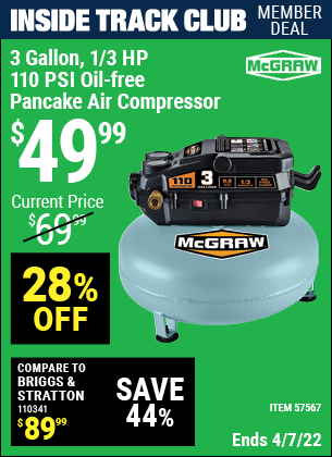 MCGRAW 3 Gallon 1/3 HP 110 PSI Oil-Free Pancake Air Compressor for $49.99 – Harbor Freight Coupons