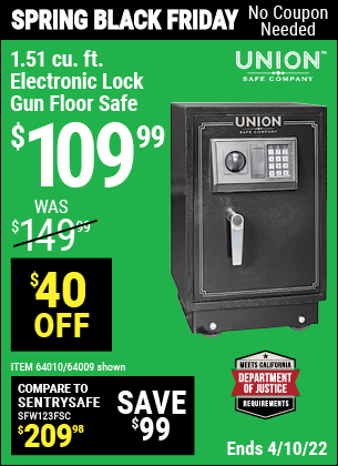 UNION SAFE COMPANY 1.51 cu. ft. Electronic Lock Gun Floor Safe for $109 ...