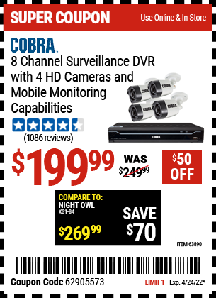 COBRA 8 Channel Surveillance DVR With 4 HD Cameras for $199.99 – Harbor ...