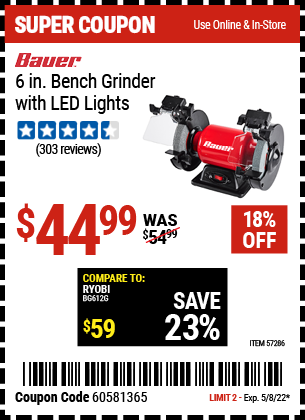BAUER 6 In. Bench Grinder With LED Lights for $44.99 – Harbor Freight ...