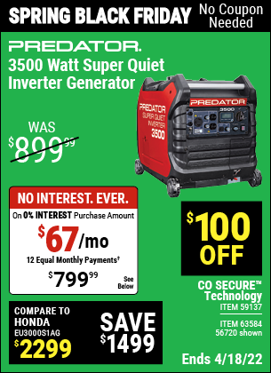 PREDATOR 3500 Watt Super Quiet Inverter Generator for $799.99 – Harbor ...