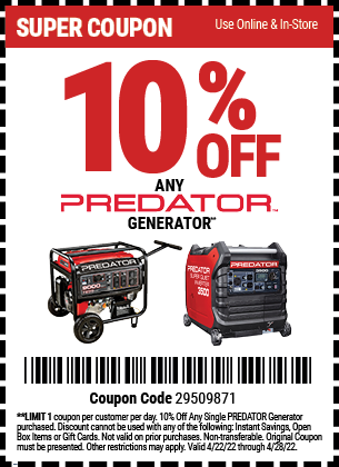 Coupon: 10% Off Any Predator Generator thru 4/28 – Harbor Freight Coupons