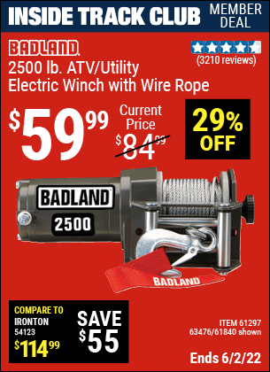 BADLAND 2500 lb. ATV/Utility Winch for $59.99 – Harbor Freight Coupons