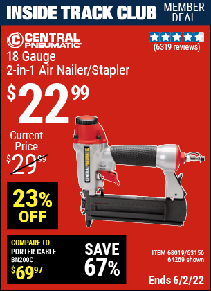 CENTRAL PNEUMATIC 18 Gauge 2-in-1 Air Nailer/Stapler for $22.99 ...