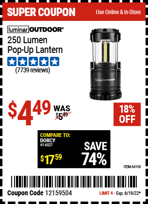 LUMINAR OUTDOOR 250 Lumen Compact Pop-Up Lantern for $4.49 – Harbor ...