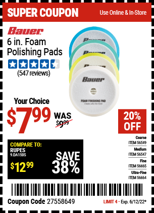 BAUER 6 In. Medium Foam Polishing Pad for $7.99 – Harbor Freight Coupons