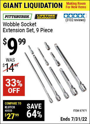 PITTSBURGH Wobble Socket Extension Set 9 Pc. for $9.99 – Harbor Freight ...