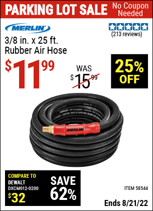 MERLIN 3/8 in. x 25 ft. Rubber Air Hose for $11.99 – Harbor Freight Coupons
