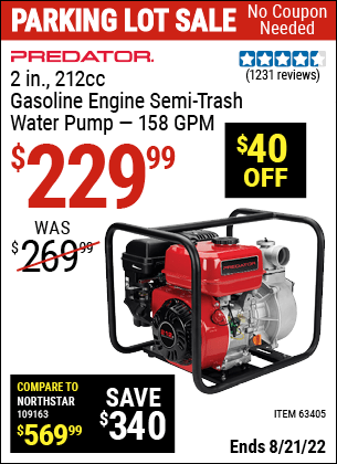 PREDATOR 2 in. 212cc Gasoline Engine Semi-Trash Water Pump for $229.99 ...