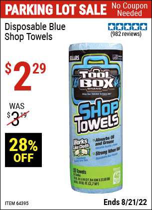 TOOLBOX Disposable Blue Shop Towels for $2.29 – Harbor Freight Coupons