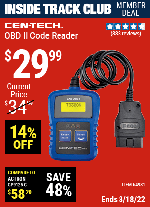 CEN-TECH OBD II Code Reader for $29.99 – Harbor Freight Coupons