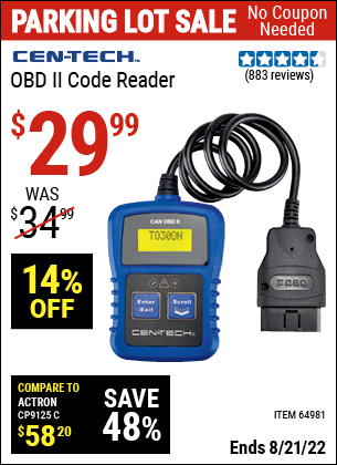 CEN-TECH OBD II Code Reader for $29.99 – Harbor Freight Coupons