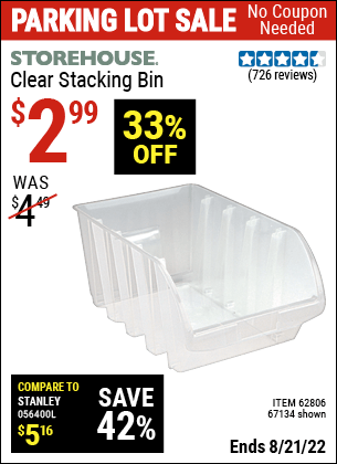 STOREHOUSE Clear Stacking Bin for $2.99 – Harbor Freight Coupons