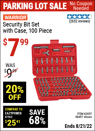 WARRIOR Security Bit Set with Case 100 Pc. for $7.99 – Harbor Freight ...