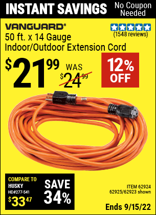 VANGUARD 50 ft. x 14 Gauge Indoor/Outdoor Extension Cord for $21.99 ...