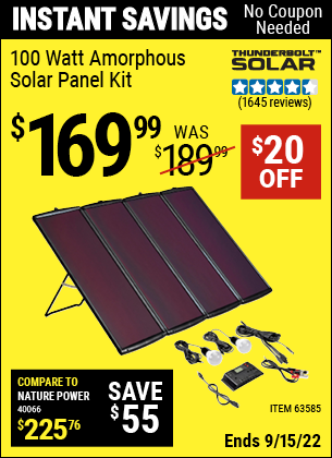 THUNDERBOLT MAGNUM SOLAR 100 Watt Solar Panel Kit for $169.99 – Harbor ...