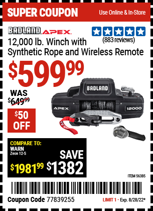 BADLAND APEX Synthetic 12000 Lb. Wireless Winch for $599.99 – Harbor Freight Coupons