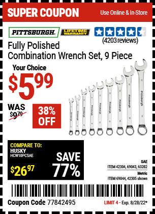 PITTSBURGH Fully Polished SAE Combination Wrench Set 9 Pc. for $5.99 ...