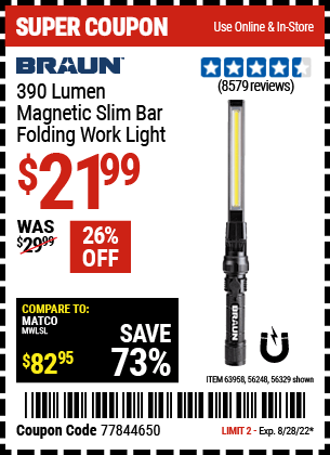 BRAUN 390 Lumen Magnetic Slim Bar Folding LED Work Light for $21.99 ...